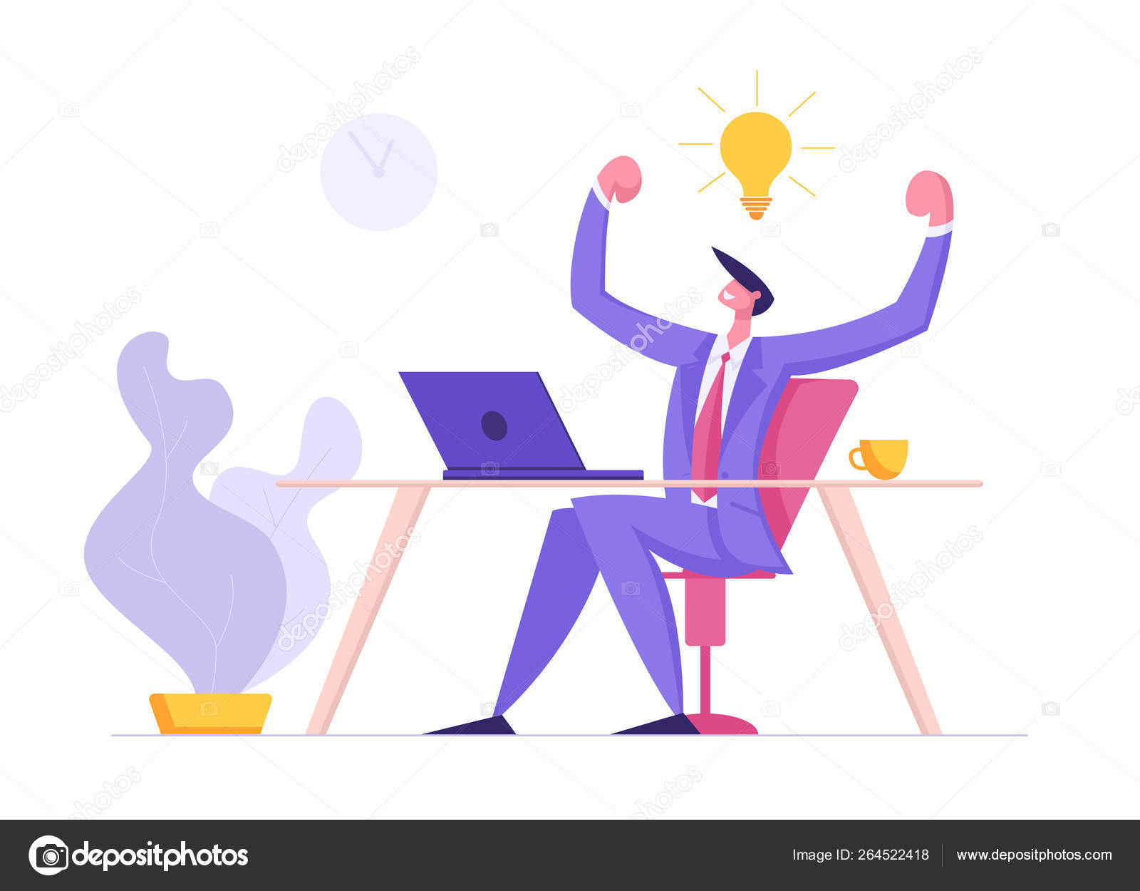 Happy Man Character Working with Laptop Having Idea Light Bulb. Male ...
