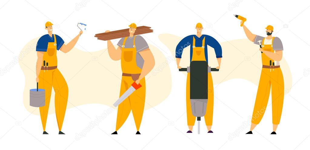 Personajes de constructor en ropa de trabajo. Ingenieros de Construcci n con Herramientas para ...