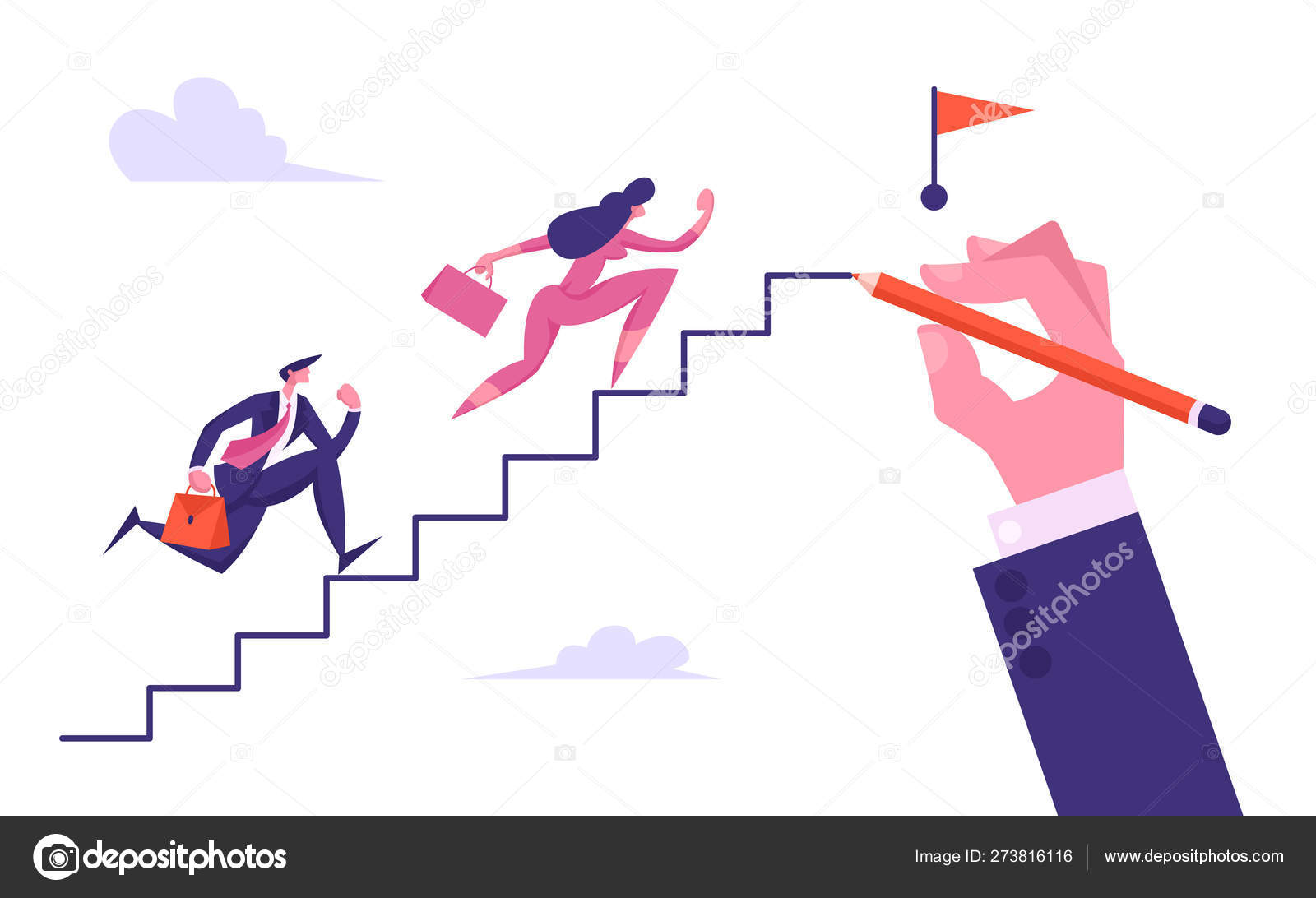 Business People Run Upstairs of Big Hand Drawing Ladder to Red Flag ...