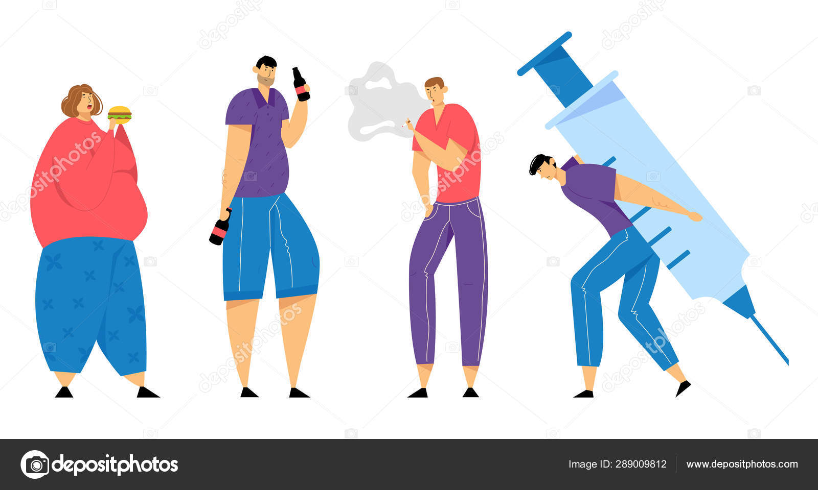 Set of Addicted Human Characters, Overeating, Smoking, Drug and Alcohol ...