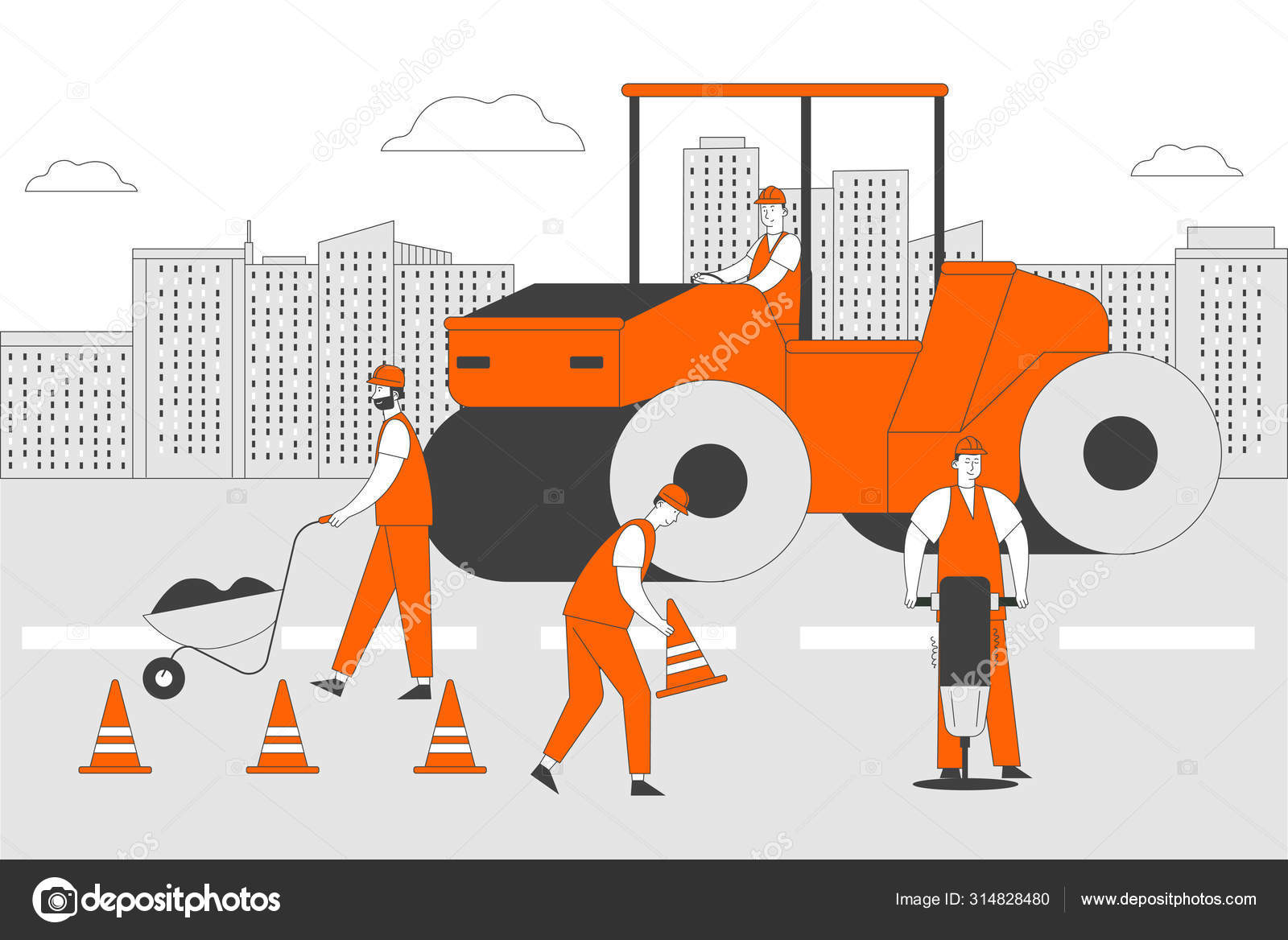 Roadwork and Asphalt Paving. Men in Overall with Heavy Asphalting ...
