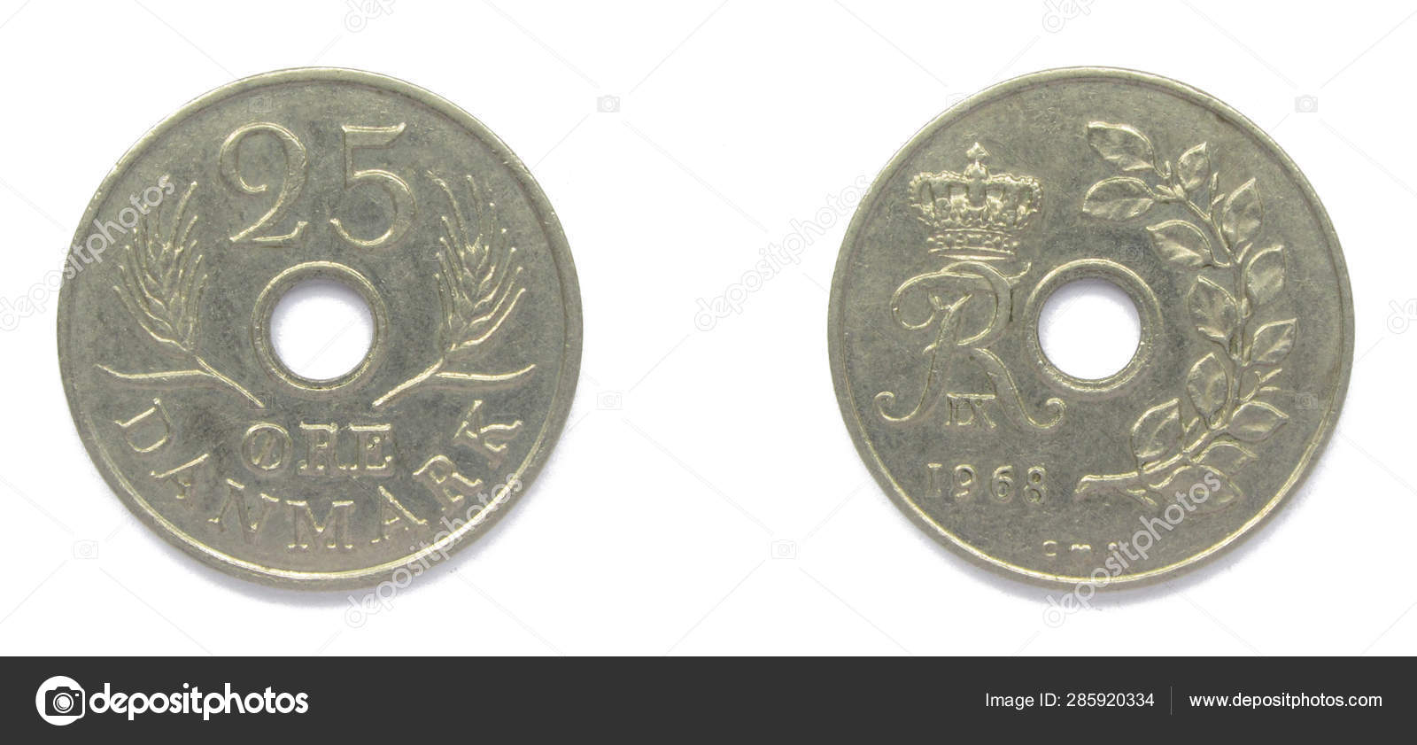 Danish 25 Ore 1968 year copper-nickel coin, Denmark. Coin shows a ...