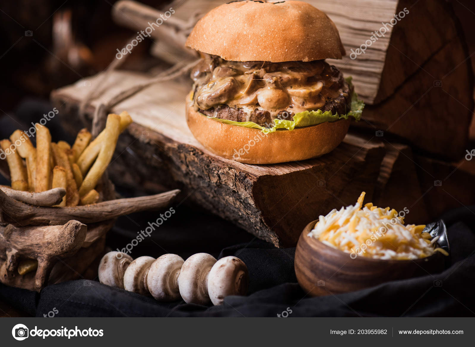 Beef Burger Fries Rustic Style Fabric Wood Table Stock Photo by ...