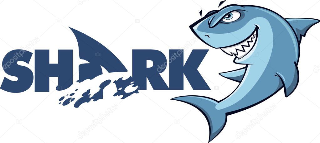 Logotipo y mascota del tiburón de dibujos animados aislados sobre fondo ...