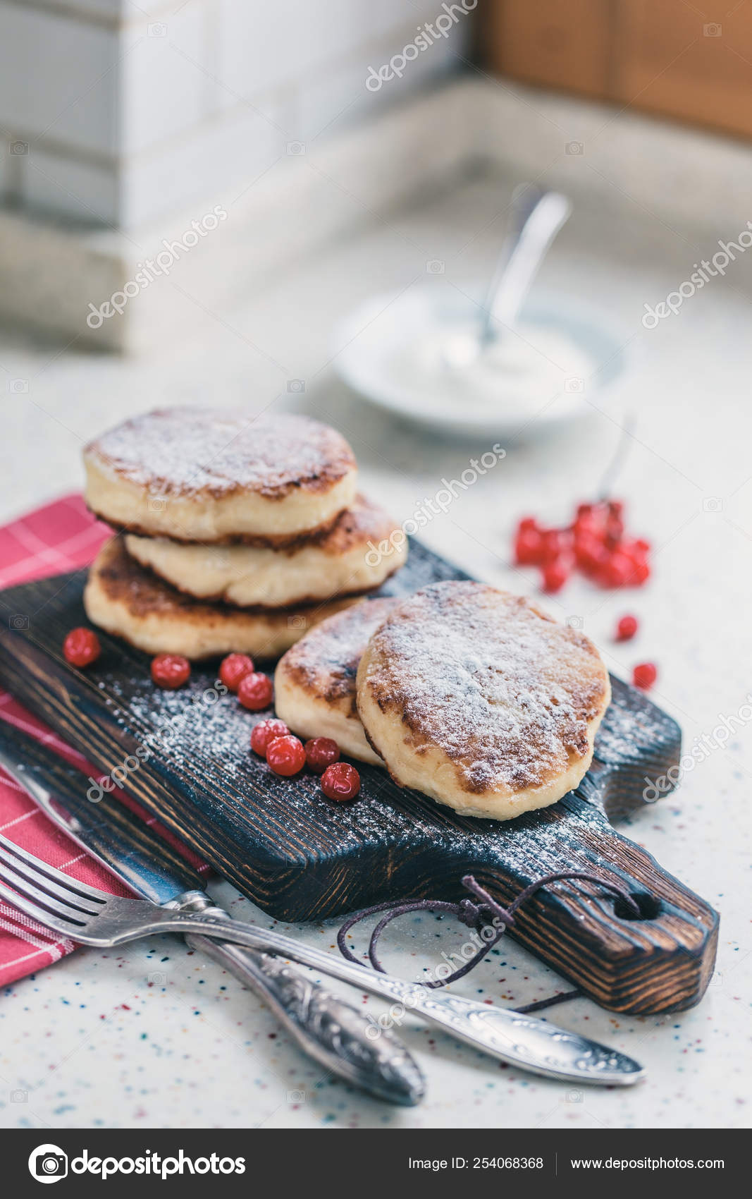 Fried Curd Fritters Wooden Board Berries Powdered Sugar Table Stock ...