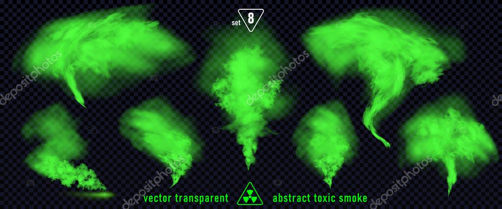 Set de humo verde 8 aislado sobre fondo transparente. Nube mágica de ...