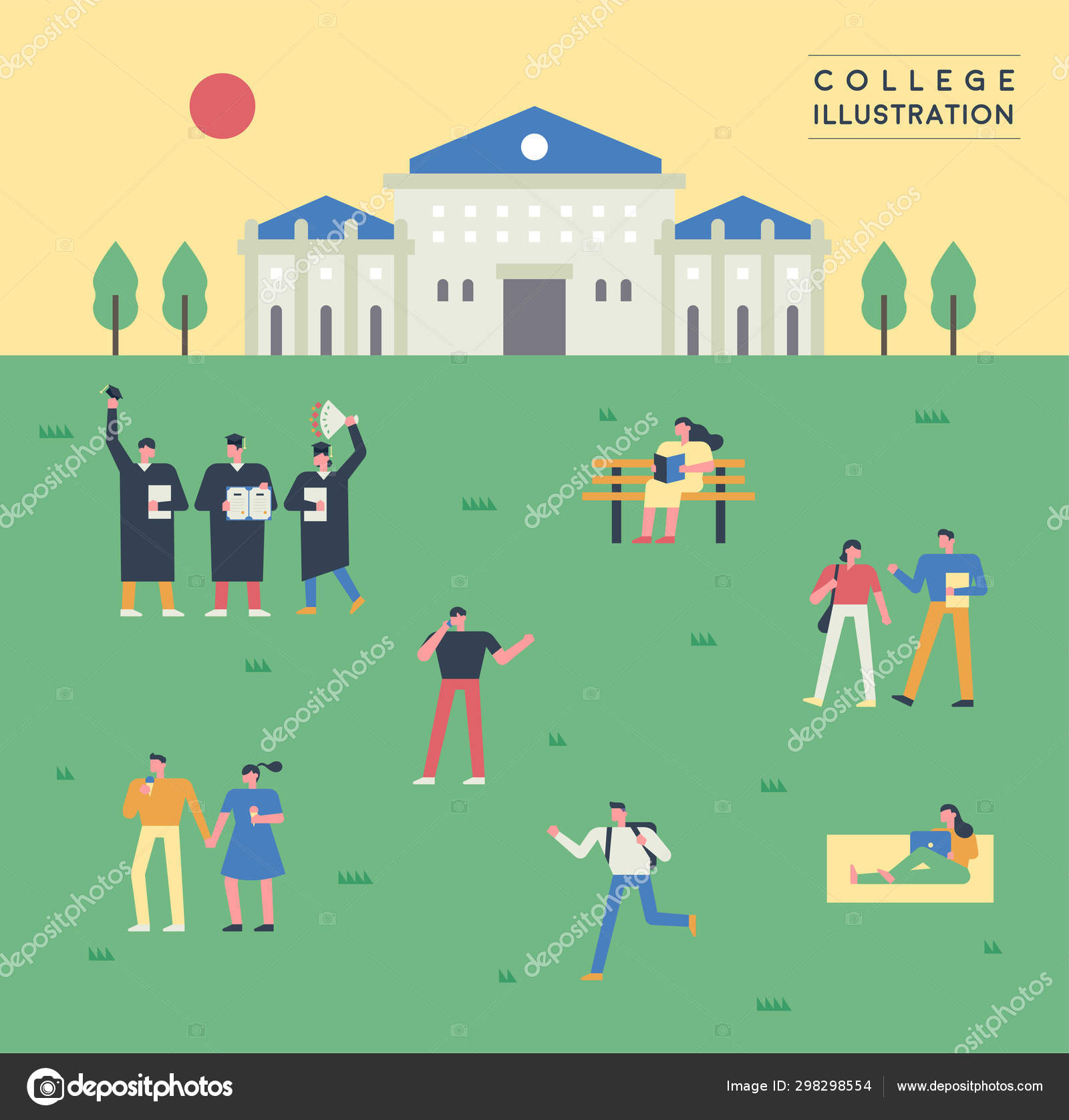 Students College Campus Building Lawn Flat Design Style Minimal Vector ...