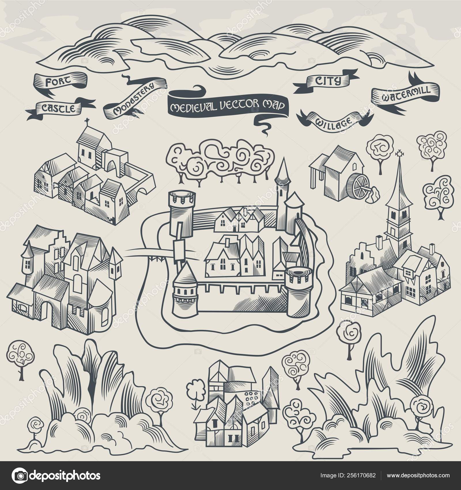 Elementos Mapa Medieval Gravura Estilo Xilogravura Ilustração ...