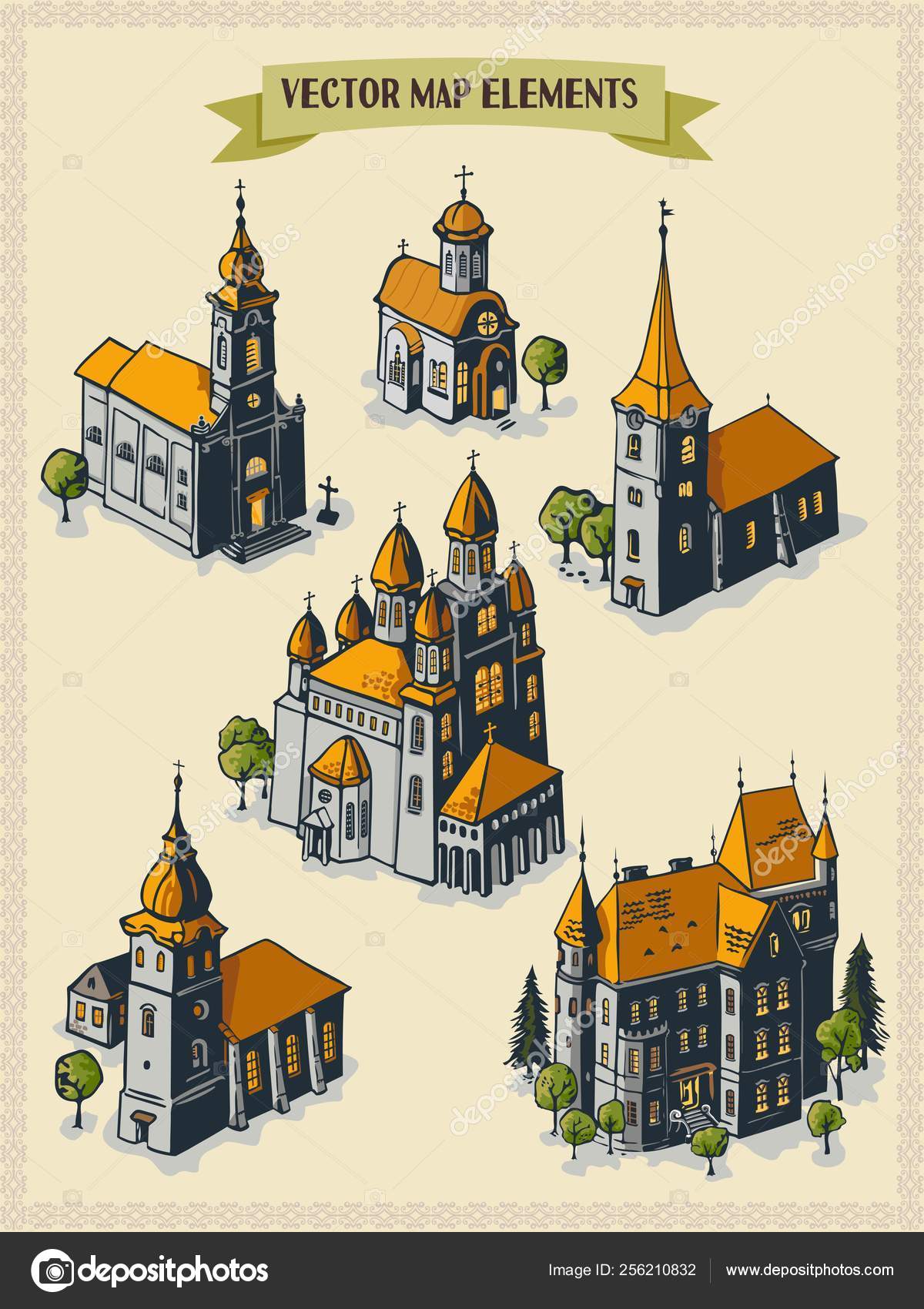 Vector Map Elements Colorful Hand Draw Settlement City Village Stock ...