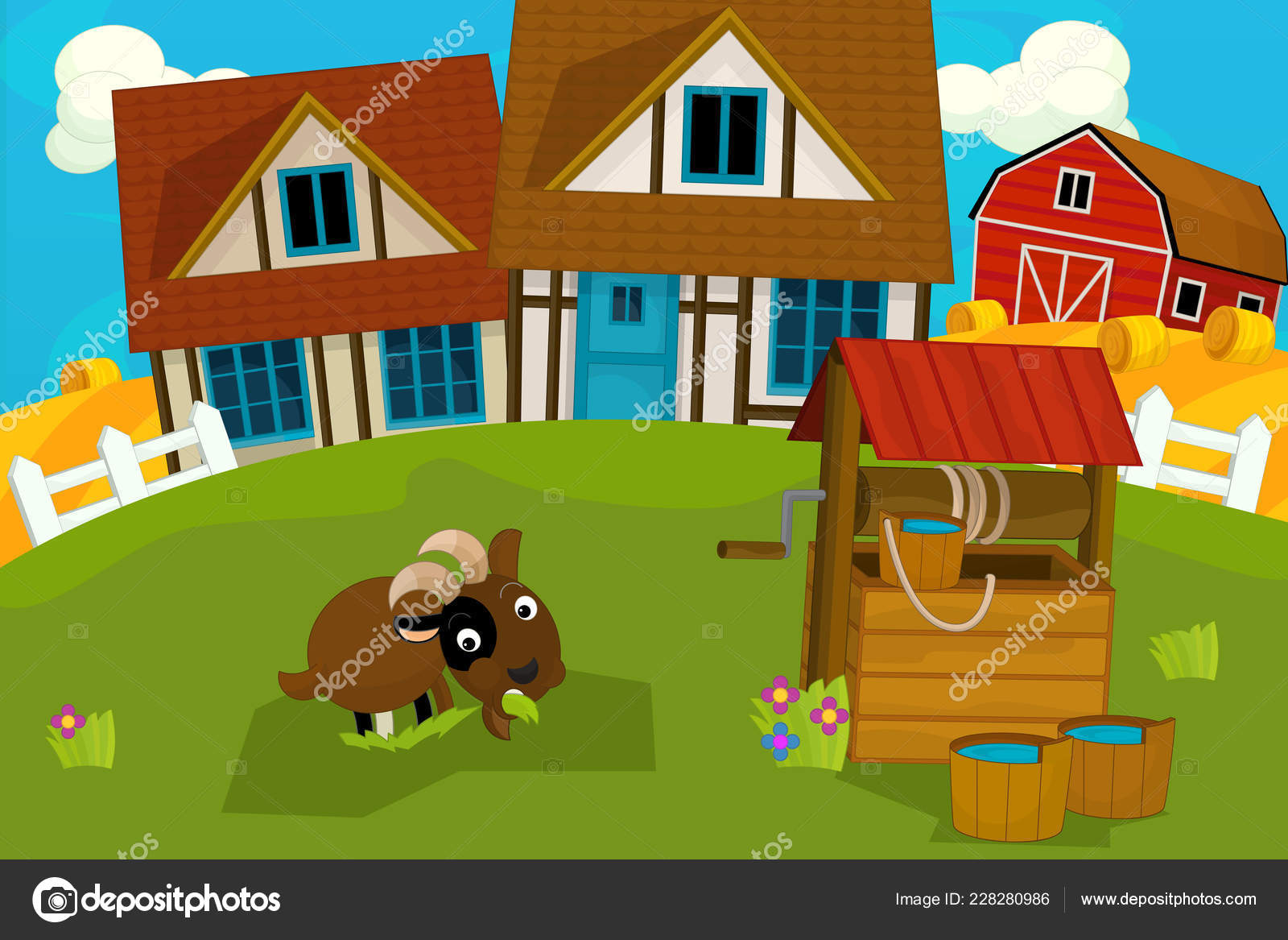 Escena Rural Dibujos Animados Con Animales Granja Ilustración Para ...