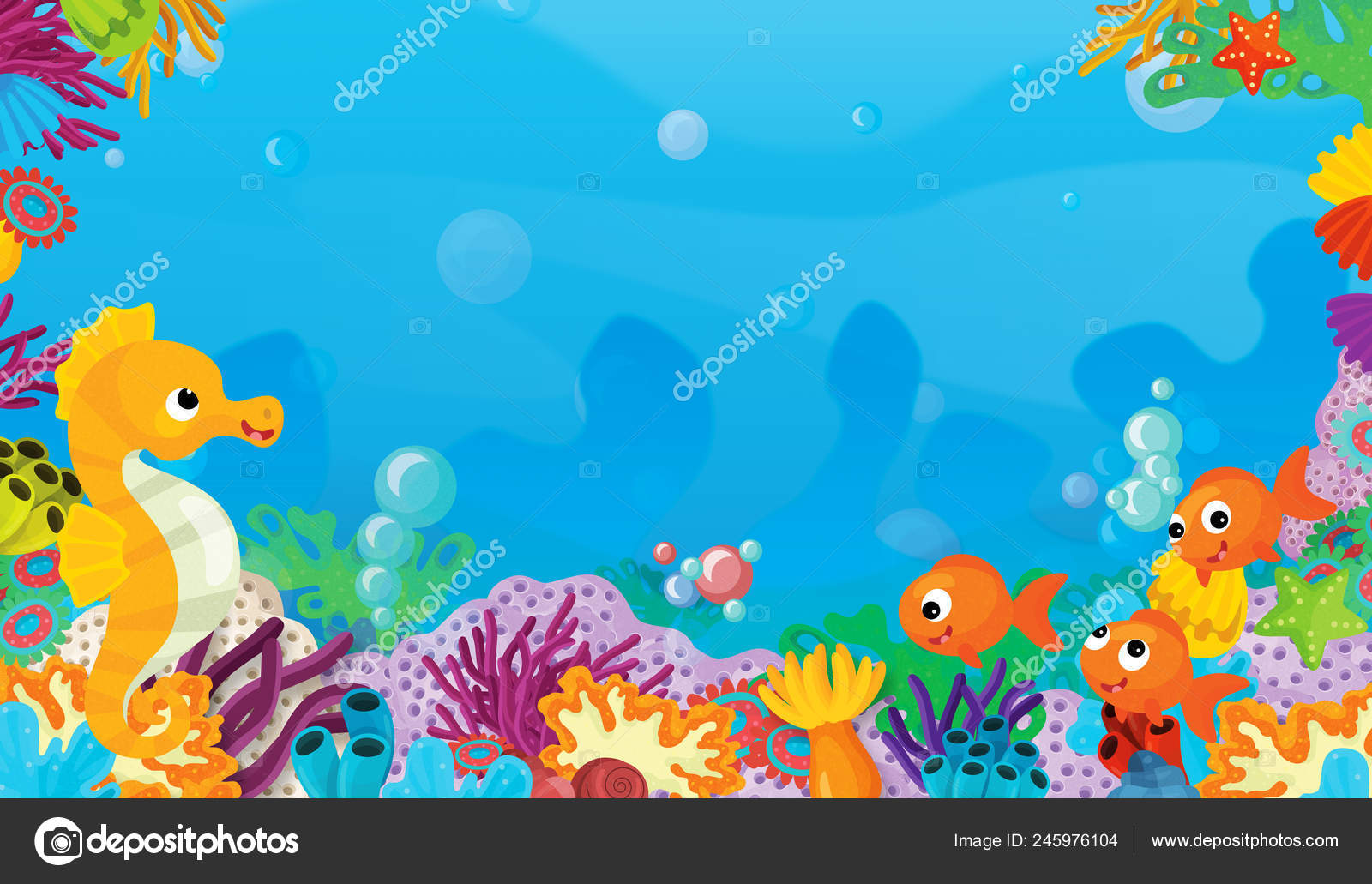 Cartoon Scene Coral Reef Happy Cute Fish Swimming Frame Space — Stock ...