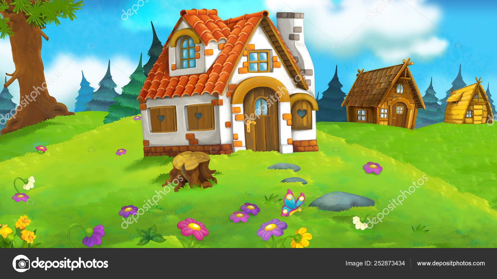 Escena de dibujos animados con hermosa casa de ladrillo rural en el ...