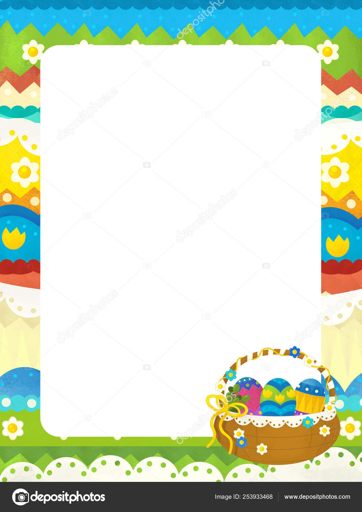Cartoon scene with easter frame and basket - happy easter card ...
