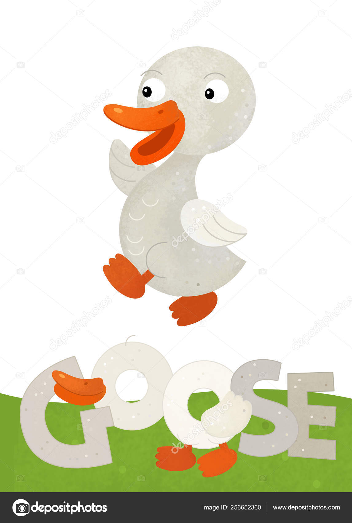 Cartoon scene with happy goose on white background with name Stock ...