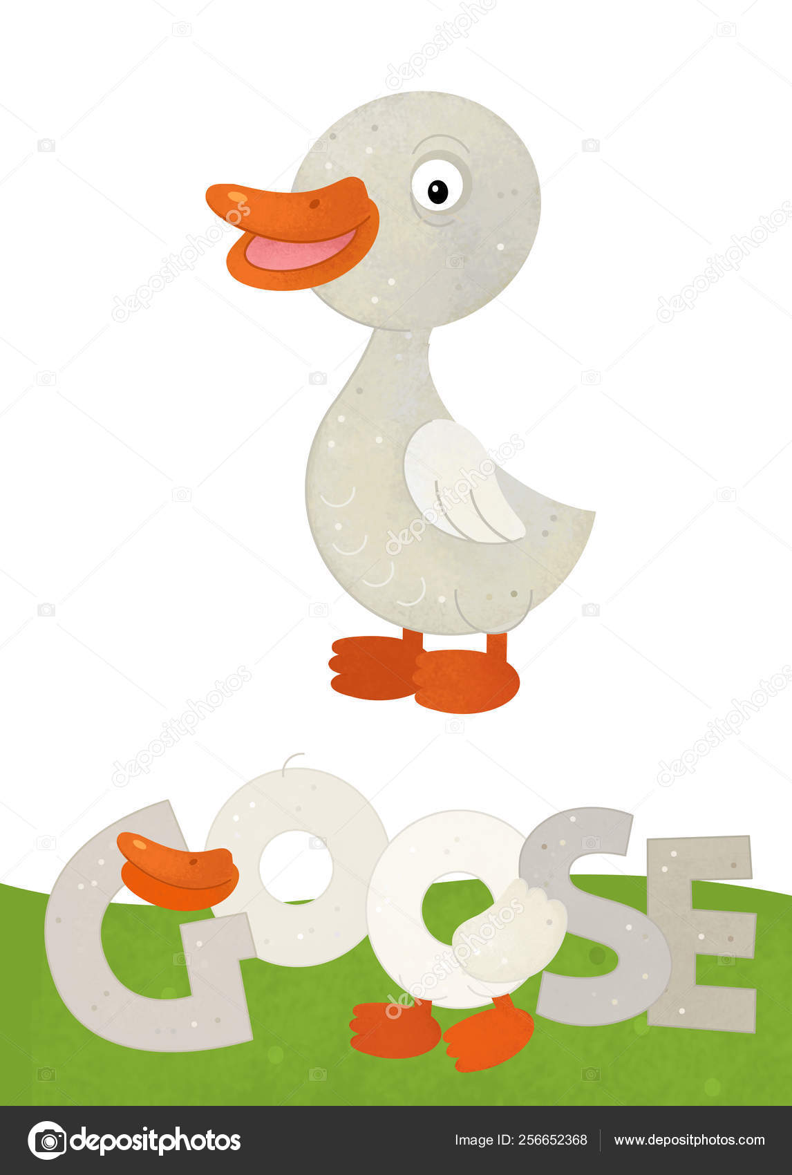 Cartoon scene with happy goose on white background with name Stock ...