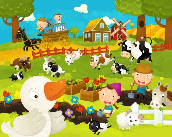 Cartoon happy and funny farm scene with happy animals - illustration ...