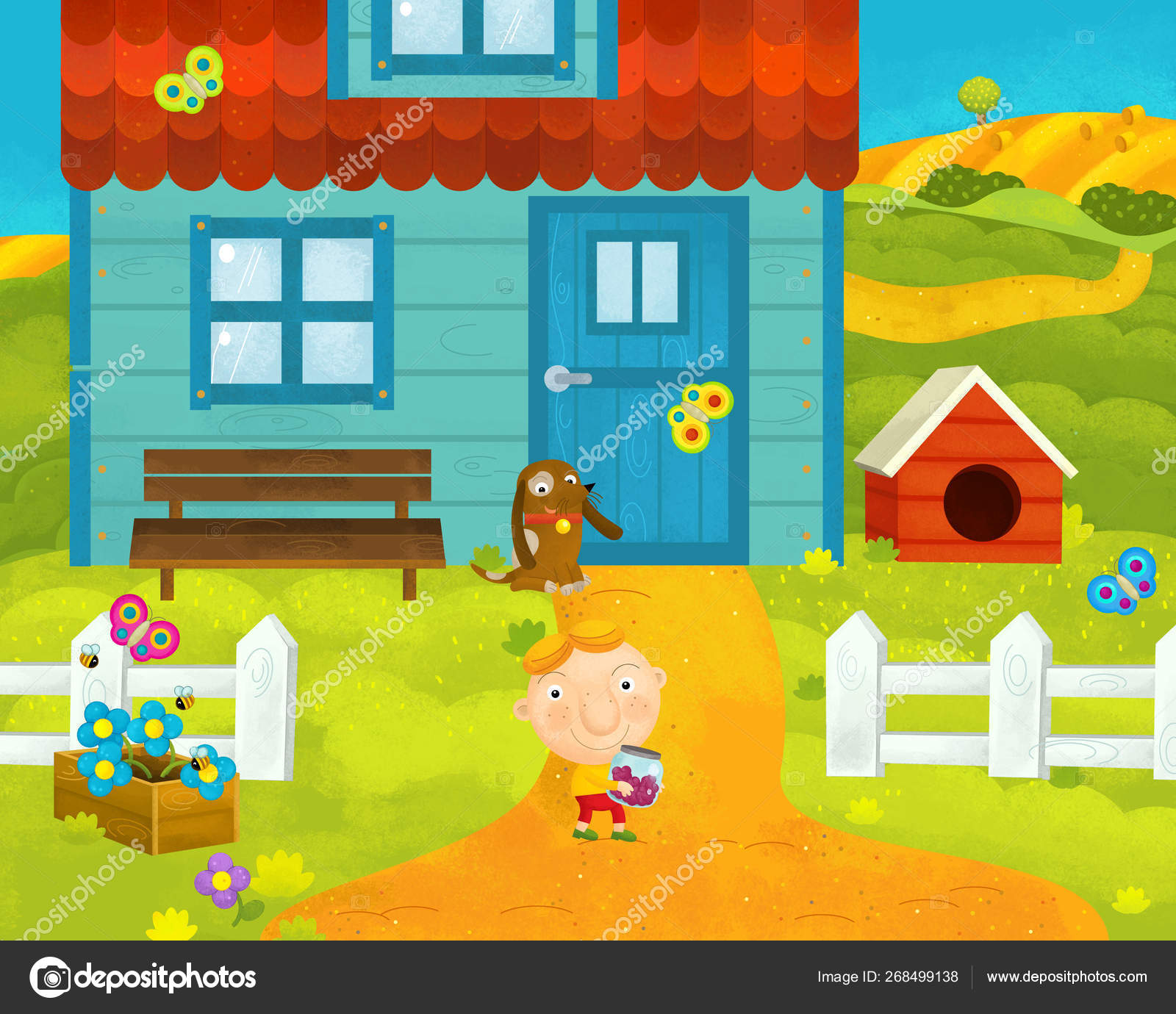 Cartoon rural scene with farm and villagers near the house ...