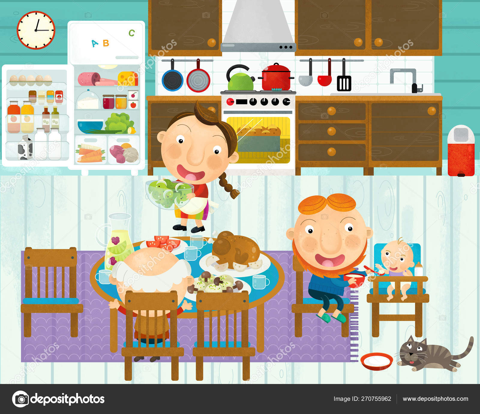 Cartoon scene with family in the kitchen eating and cooking together ...