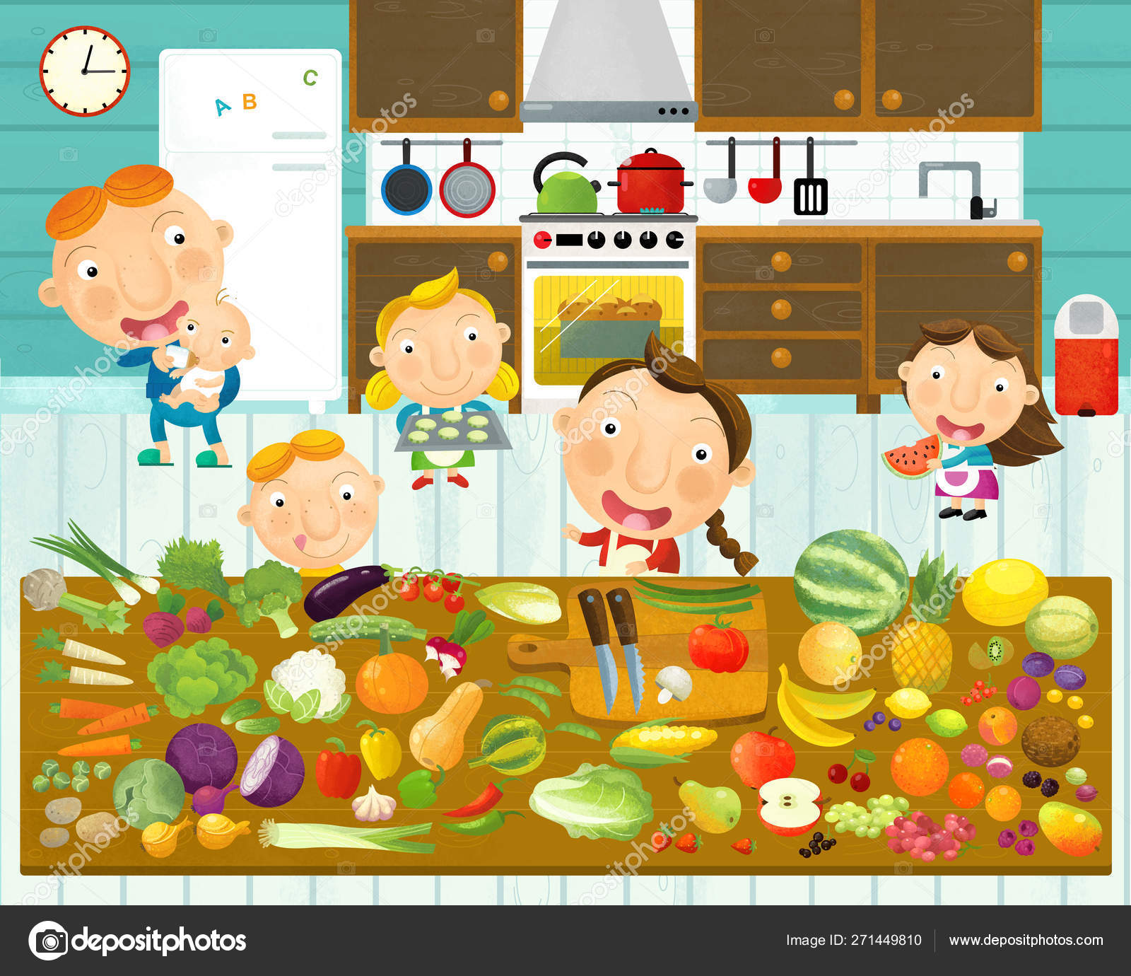 Cartoon scene with family in the kitchen eating and cooking together ...