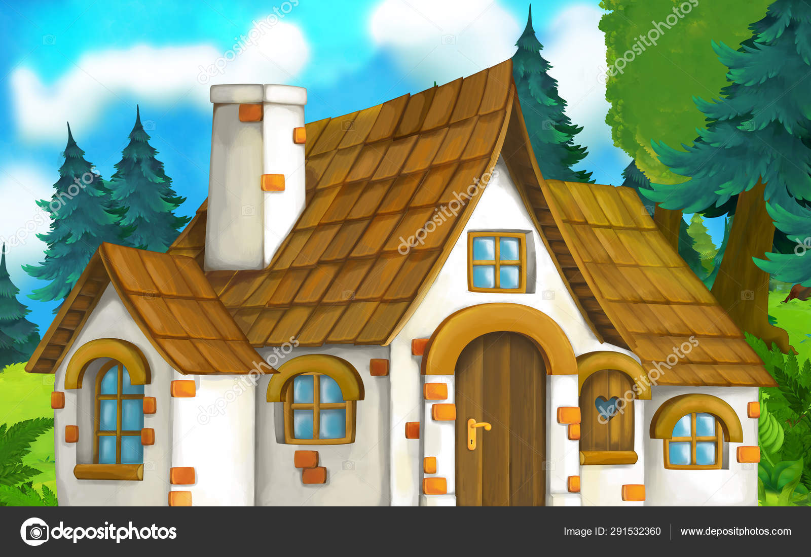 Cartoon scene with beautiful rural brick house in the forest on the ...