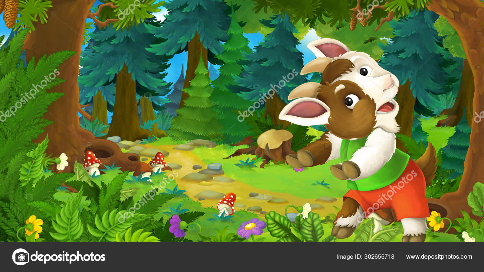 Cartoon fairy tale scene with goat farmer on the meadow in the forest ...