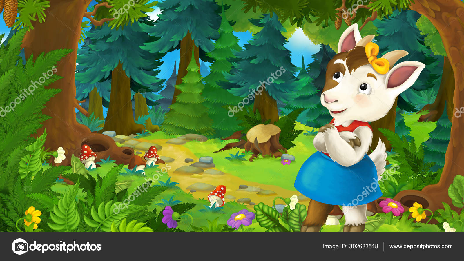 Cartoon fairy tale scene with goat girl farmer on the meadow in the ...