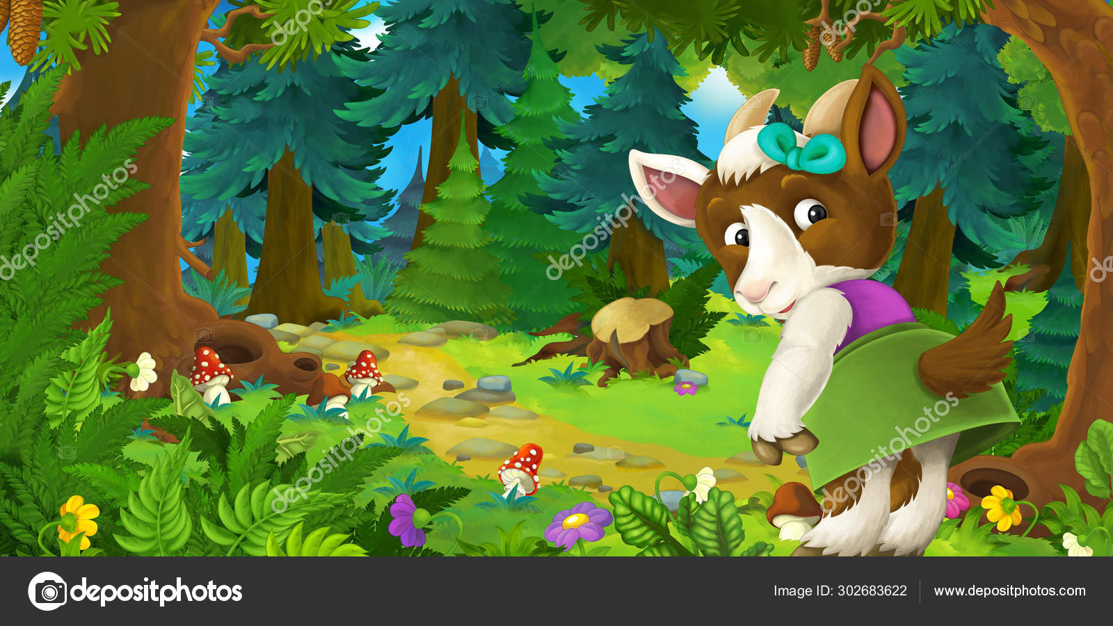 Cartoon fairy tale scene with goat girl farmer on the meadow in the ...