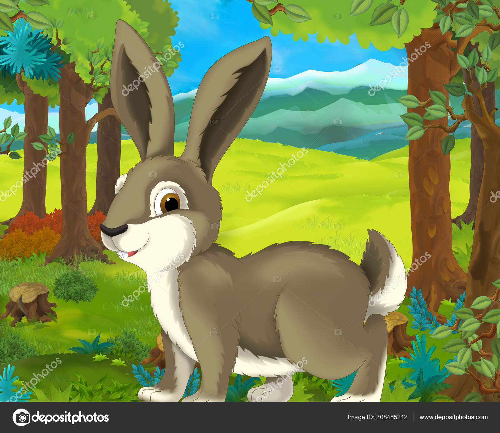 Feliz escena de dibujos animados con un conejito joven - ilustración ...