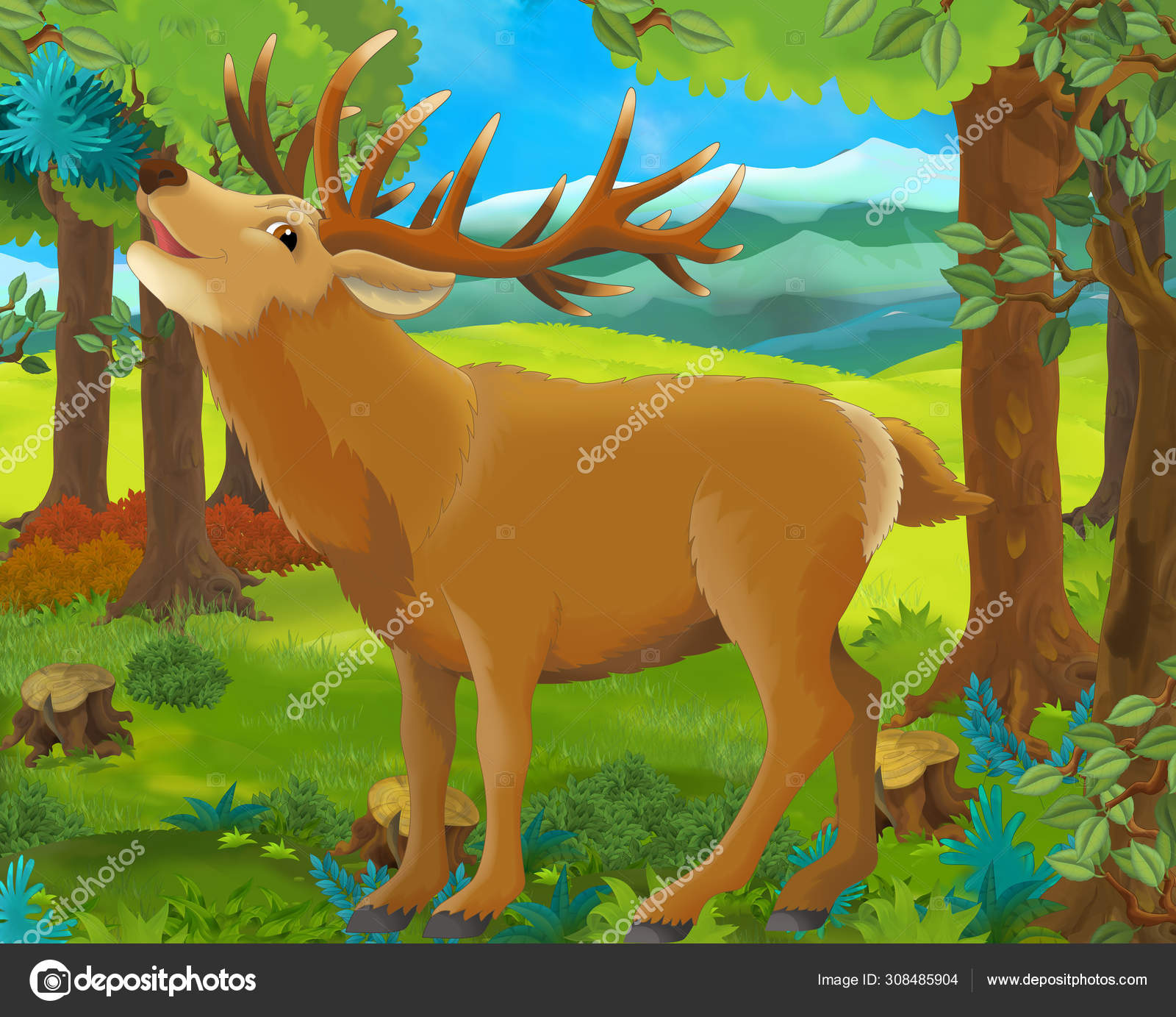 Cartoon scene with happy wild deer standing in the forest ...