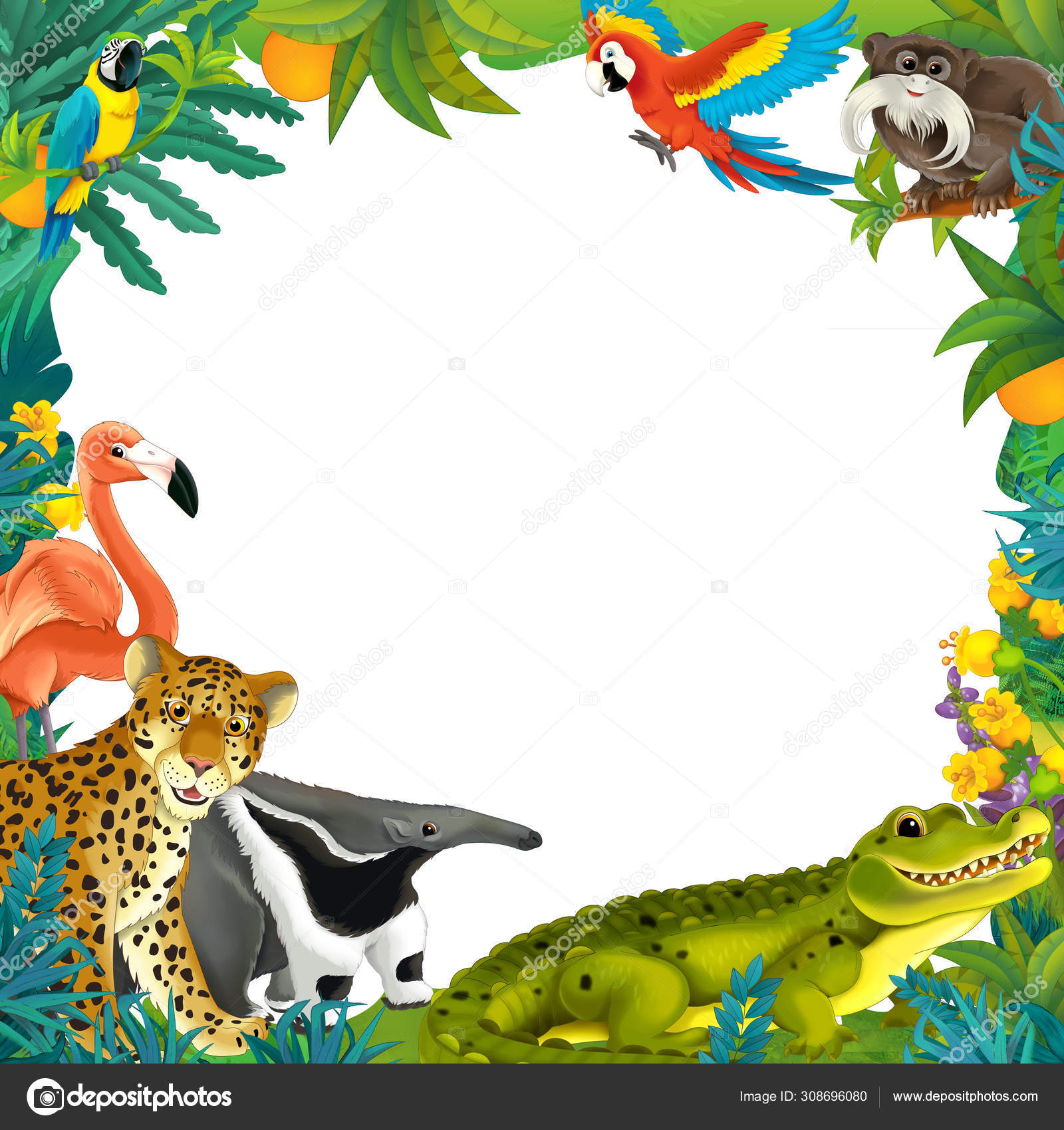 Cartoon scene with nature frame and animals cat ant eater parrot ...