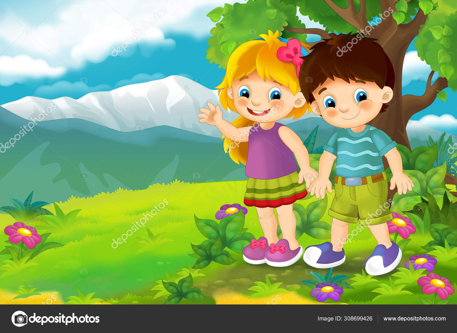 Cartoon scene with nature and kids - illustration for children Stock ...