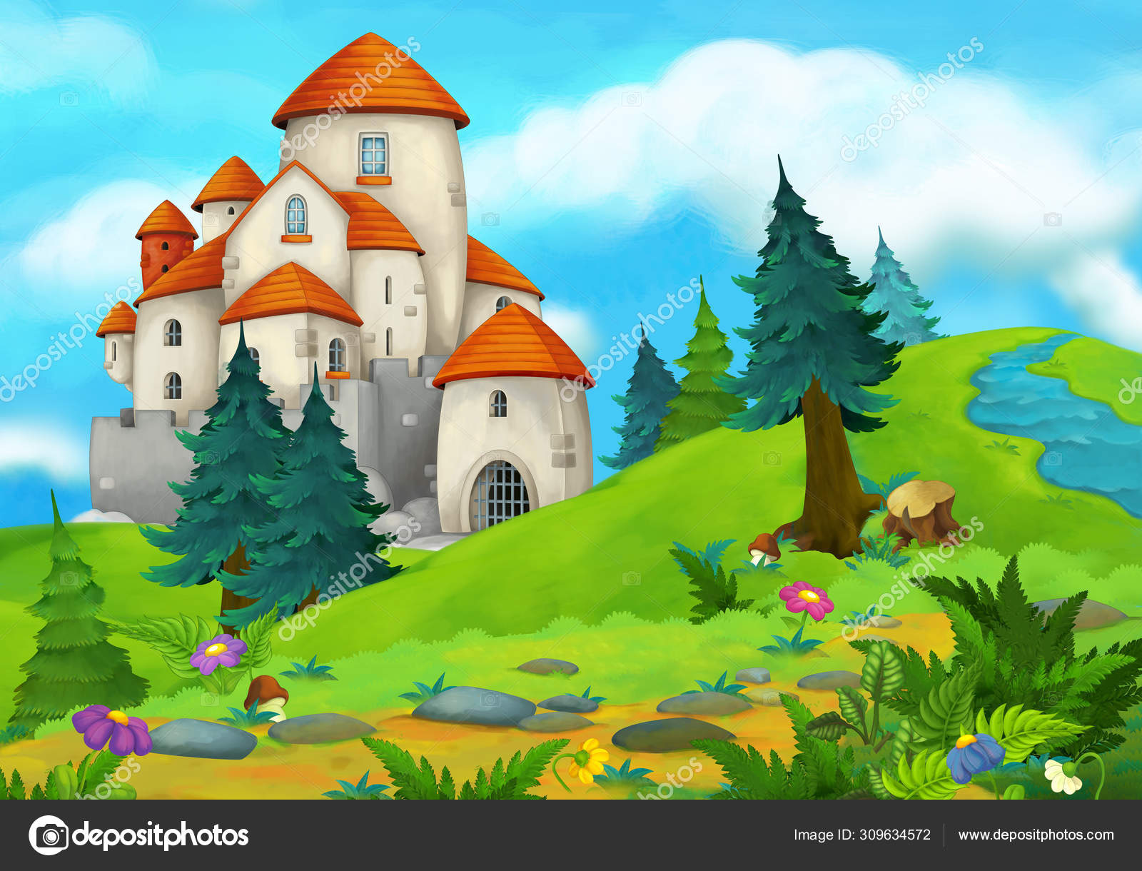 Cartoon summer scene with path in the forest with castle - nobod Stock ...