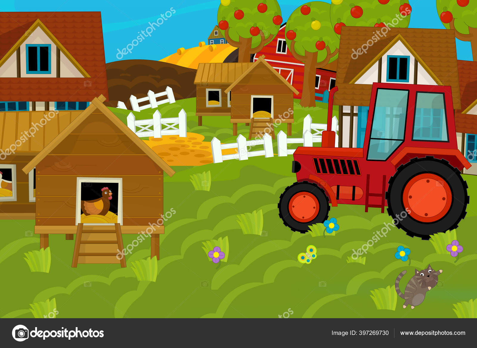 Escena Granja Rancho Dibujos Animados Para Diferentes Usos Ilustración ...