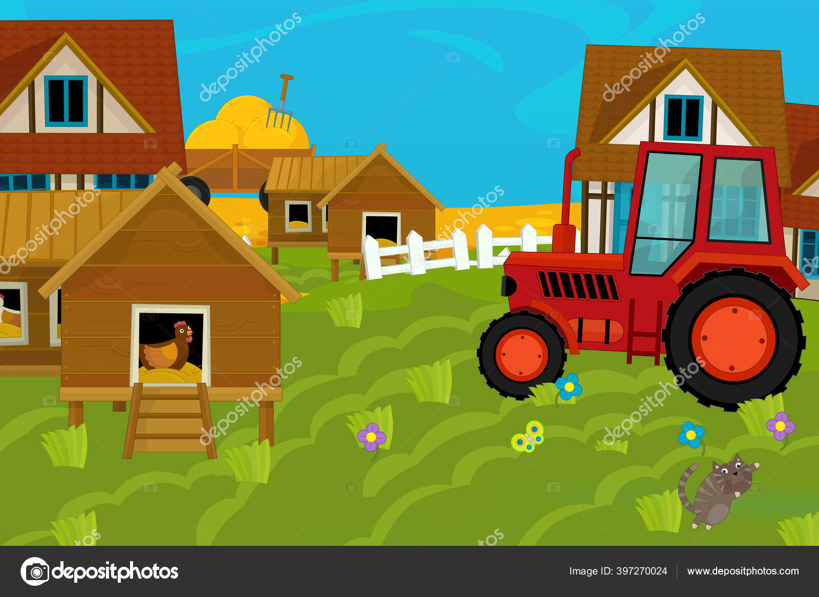 Escena Granja Rancho Dibujos Animados Para Diferentes Usos Ilustración ...