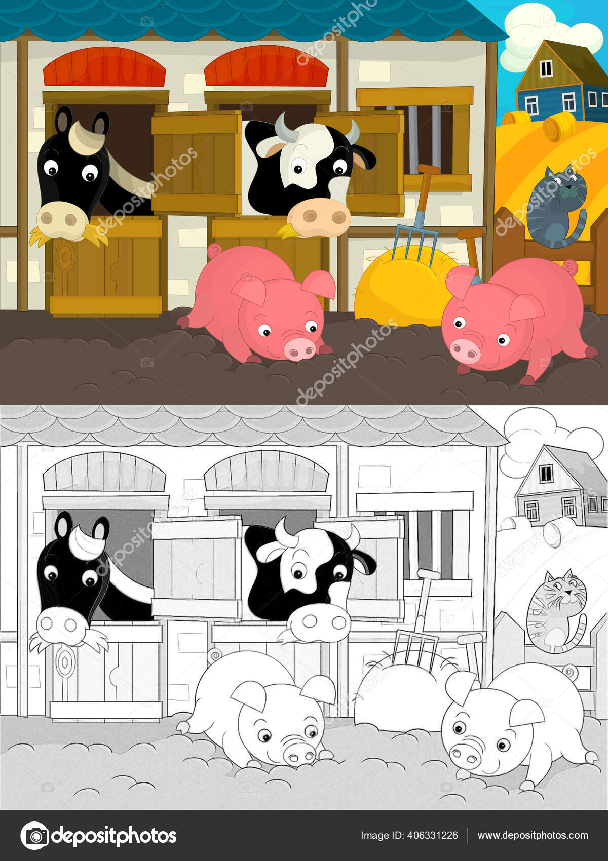 Cartoon Ranch Farm Scene Sketch Illustration Children Stock ...