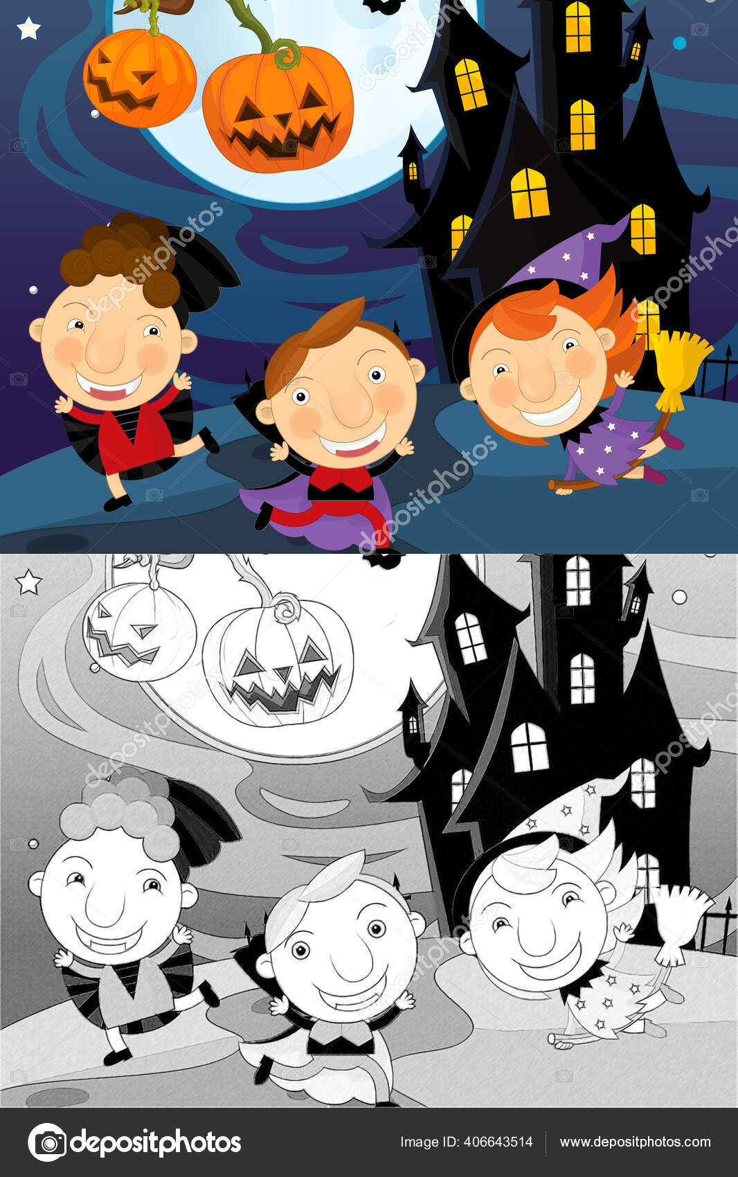 Cartoon Halloween Scene Sketch Illustration Children Stock Illustration ...