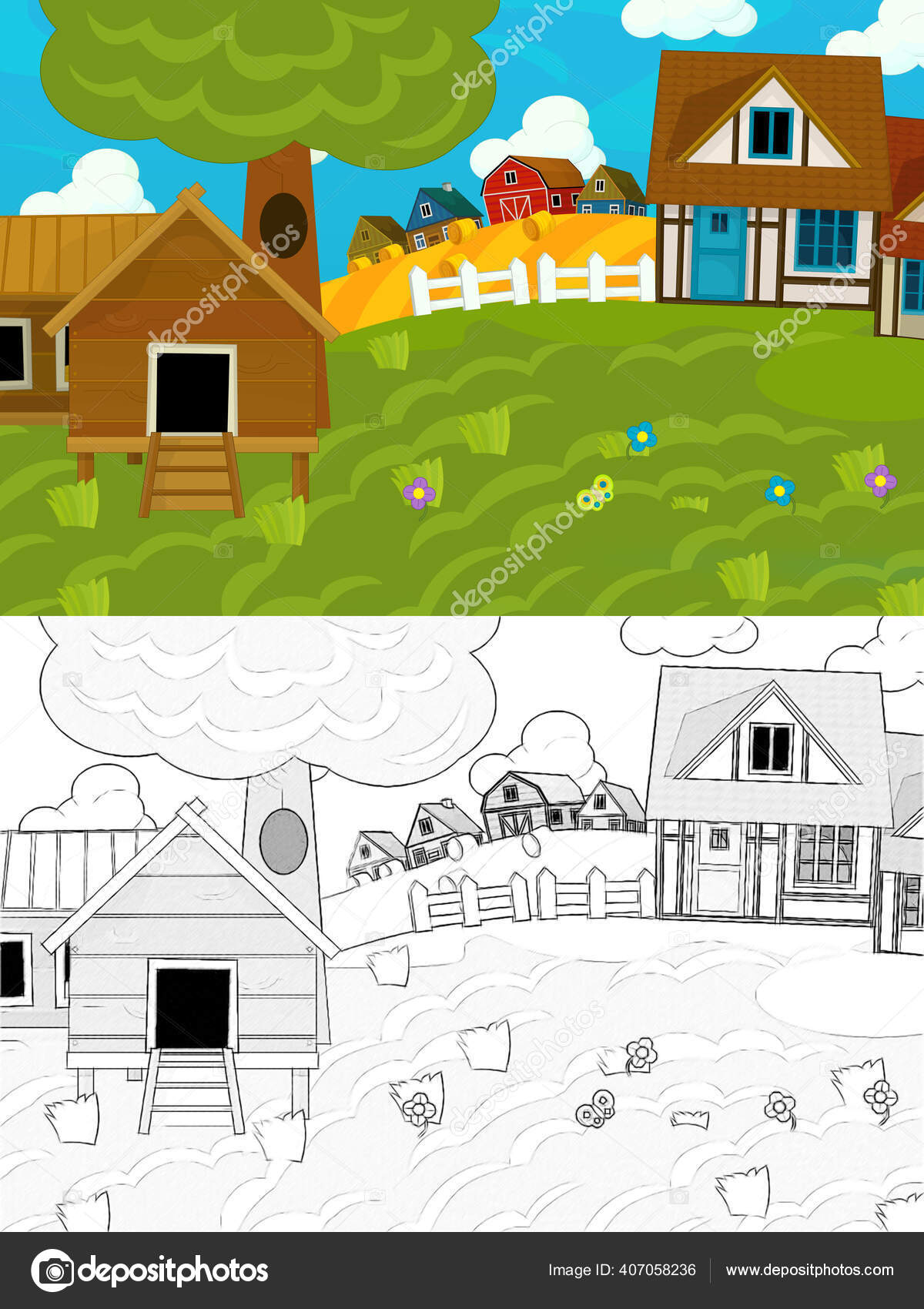 Cartoon Ranch Farm Scene Sketch Illustration Children Stock ...