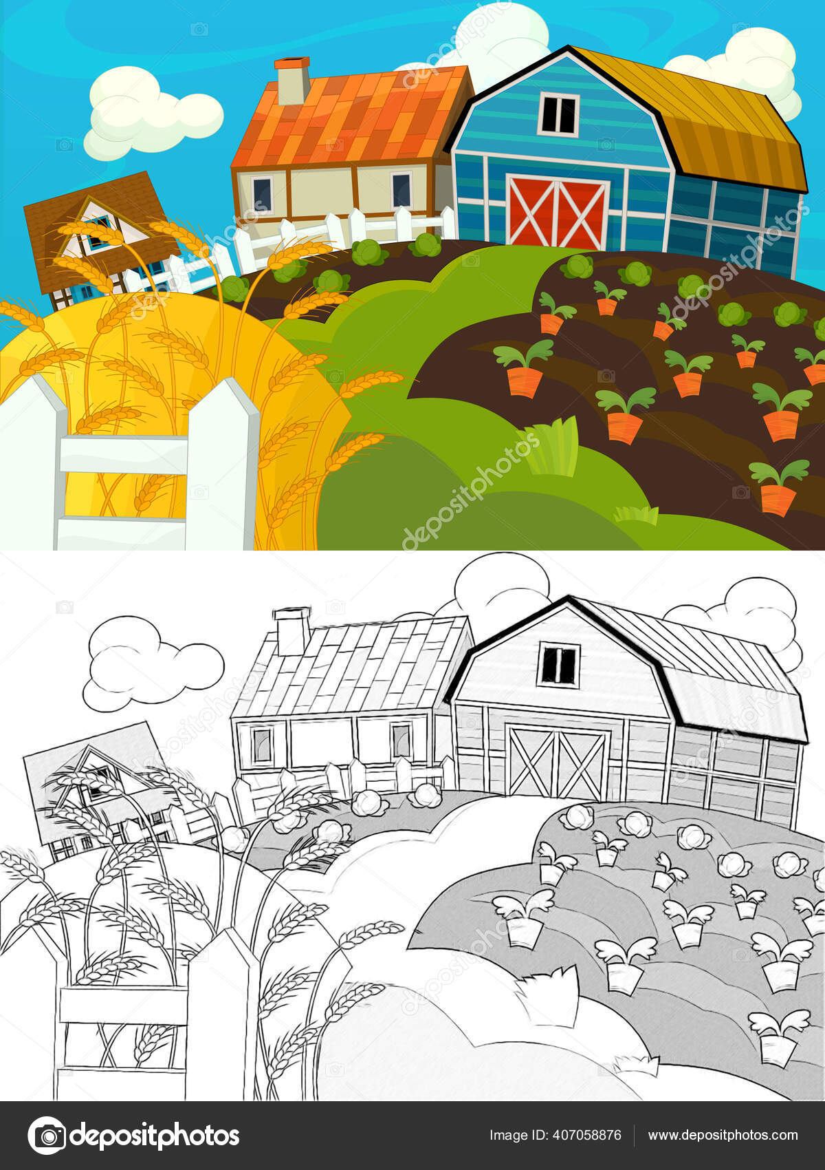 Illustration de Dessin Animé Ranch Ferme Scène Avec Croquis ...