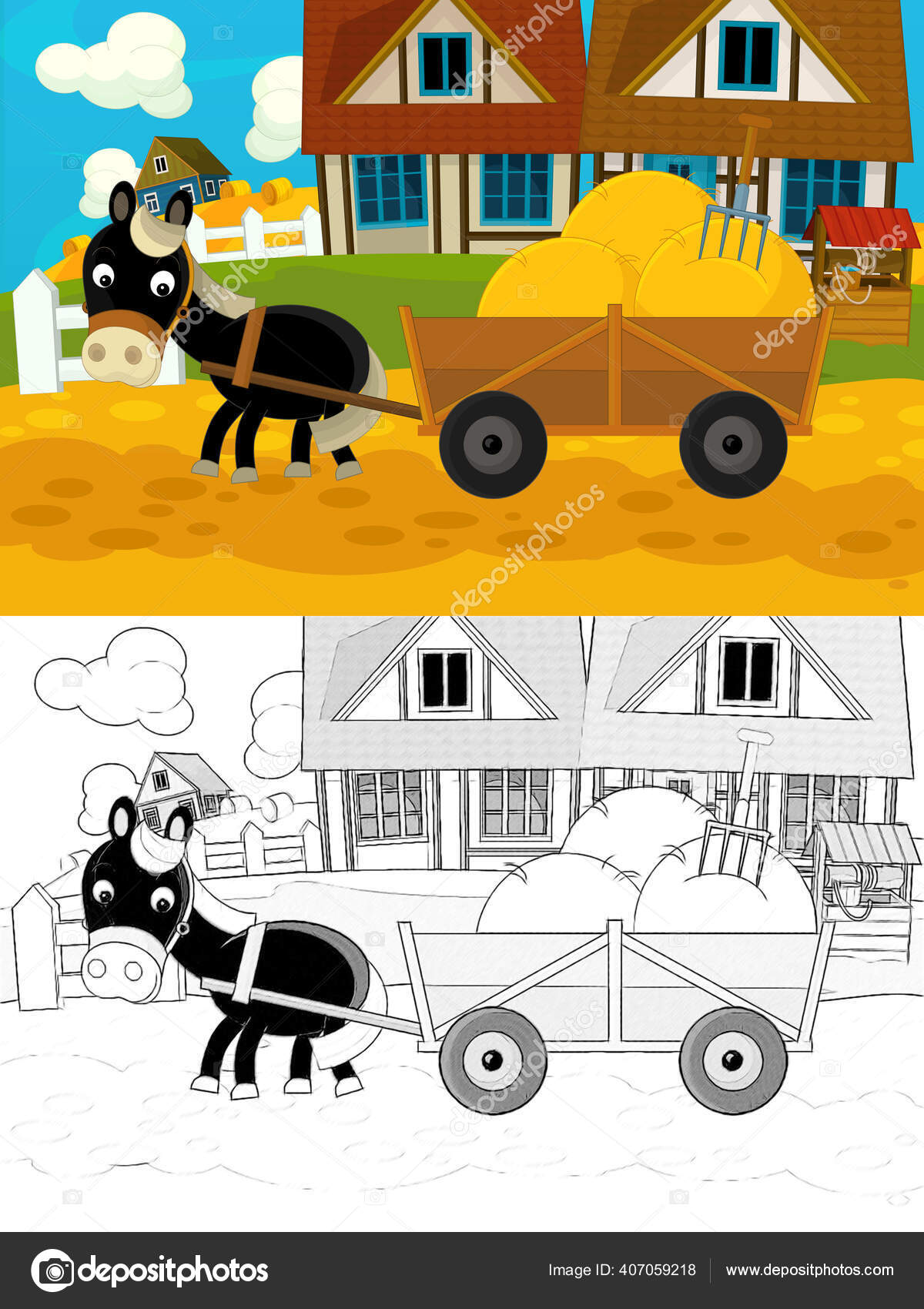 Cartoon Ranch Farm Scene Sketch Illustration Children Stock ...