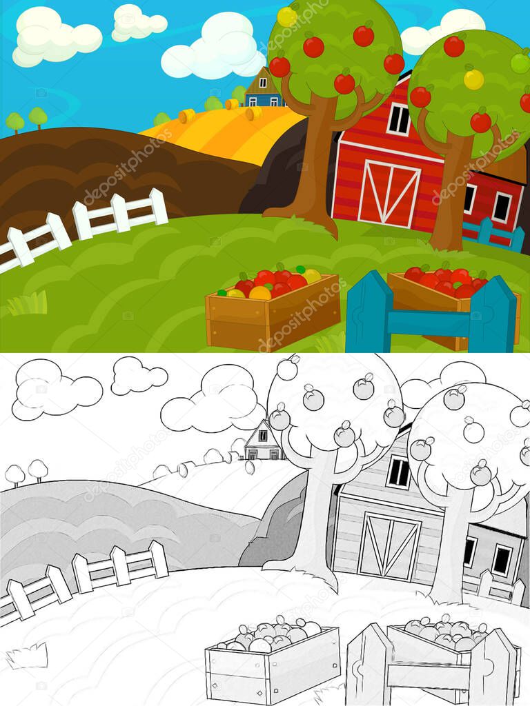 caricatura rancho granja escena con boceto - ilustración para los niños ...