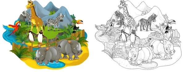 Cartoon Scene Zoo Enclosure Different Animals Illustration Children ...