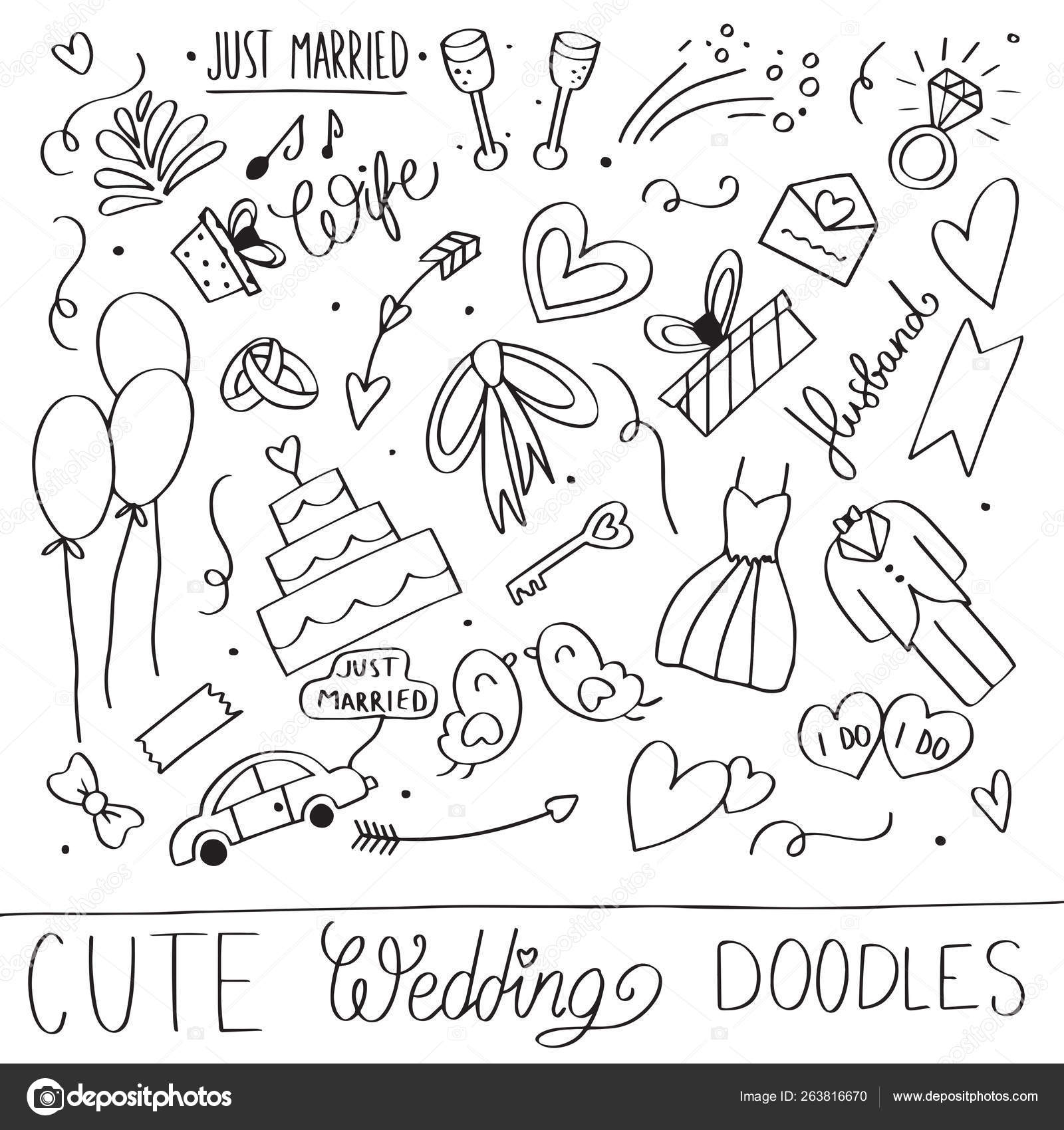 Set Cute Wedding Doodles Vector Set Hand Drawn Ornamental Wedding Stock ...