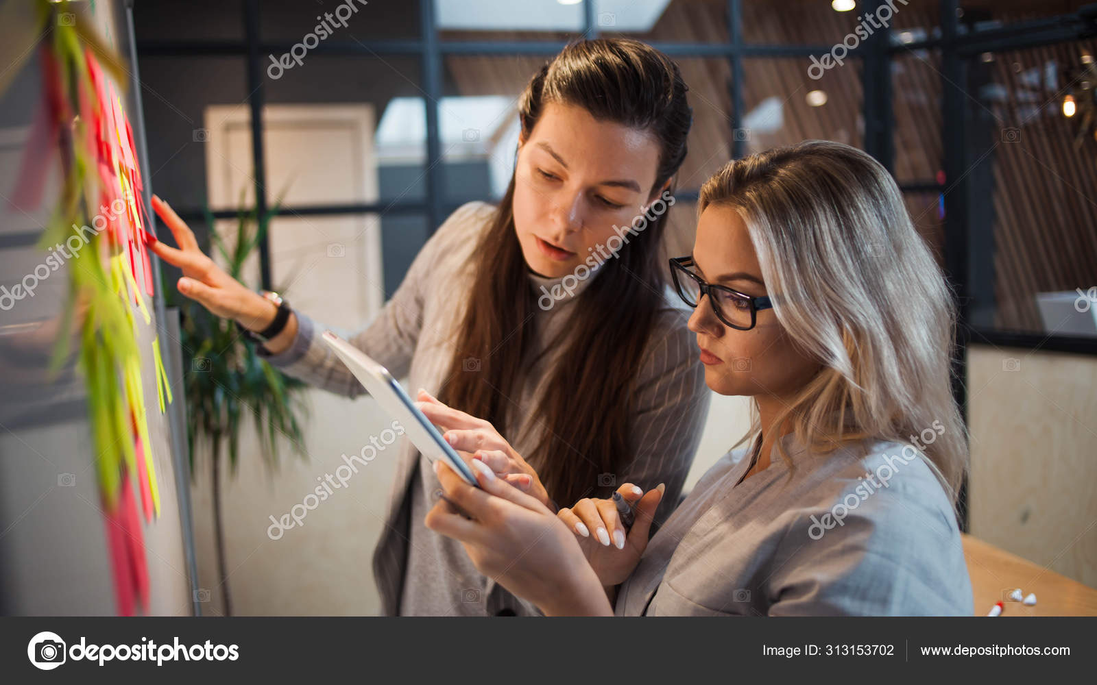 Teamwork, project management, agile methodology. Two young business ...