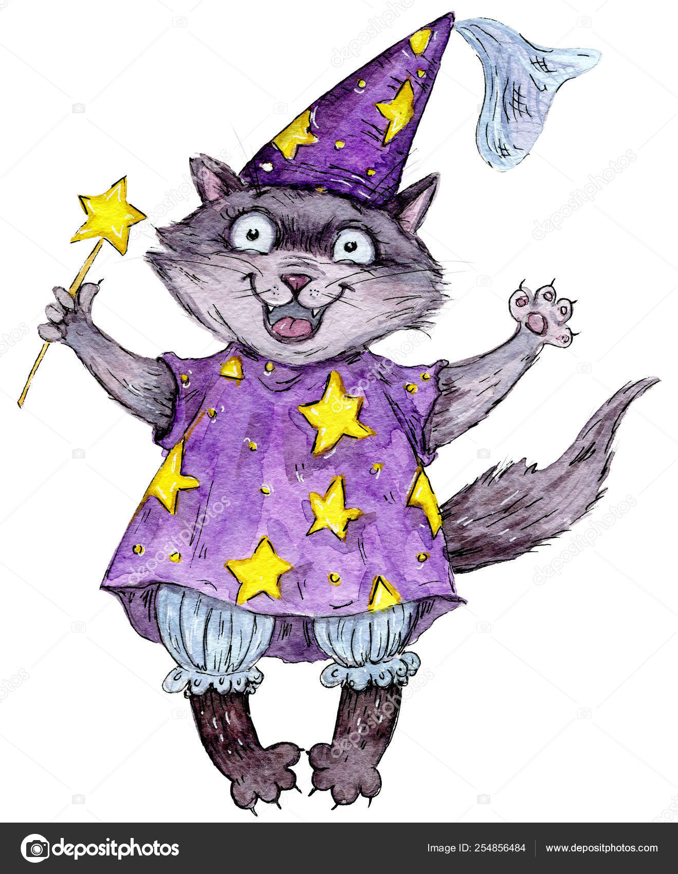 Watercolor Illustration Cute Wizard Cat Wearing Magic Cloak Cap Holding ...