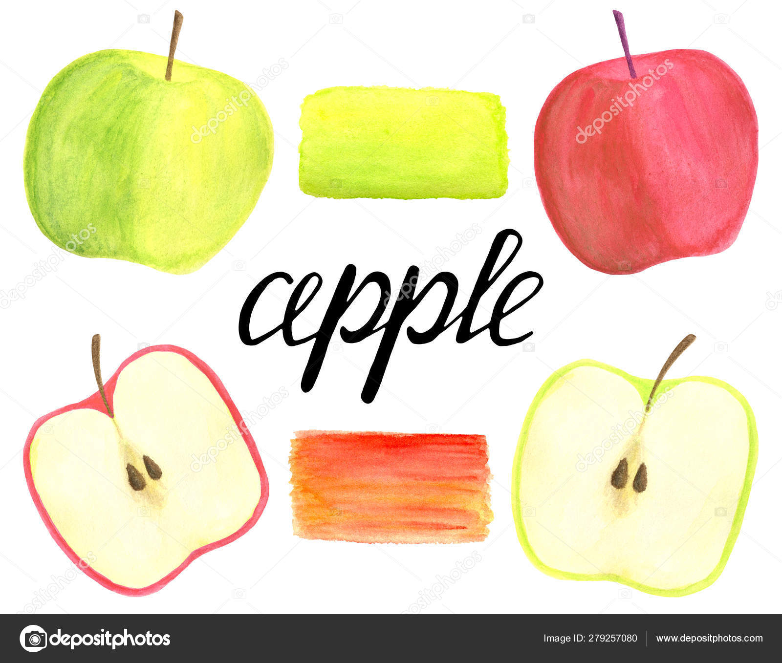 Watercolor apples set with lettering calligraphy and brush smear ...