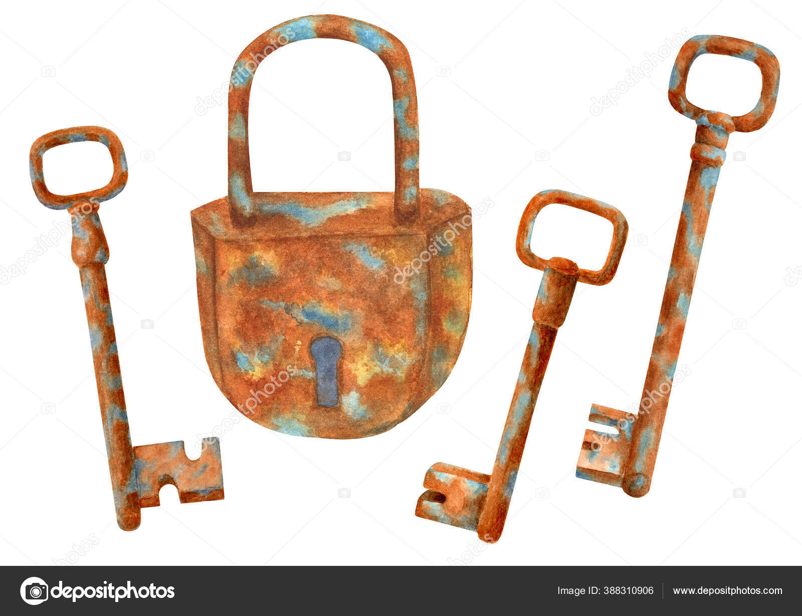 Watercolor rusted lock and keys set. Hand drawn old rusty vintage ...