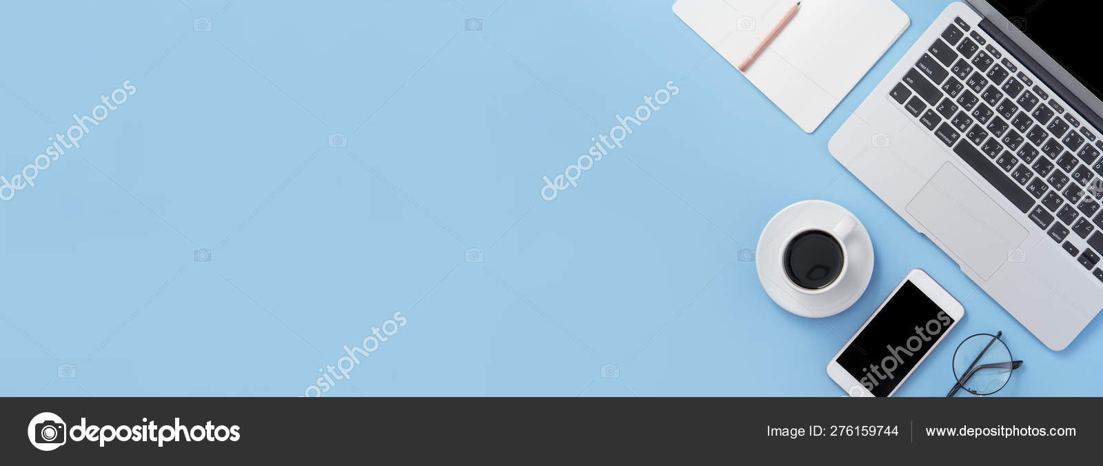 Business concept. Clean bright light blue office table desk, minimal ...