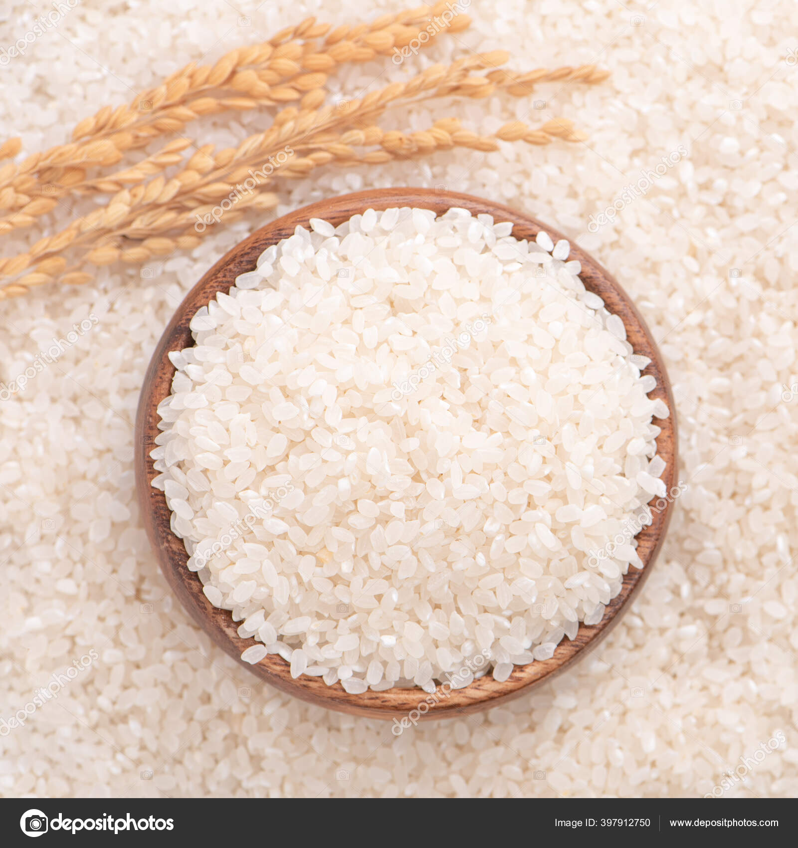 Raw Rice Bowl Full Frame White Background Table Top View Stock Photo by ...
