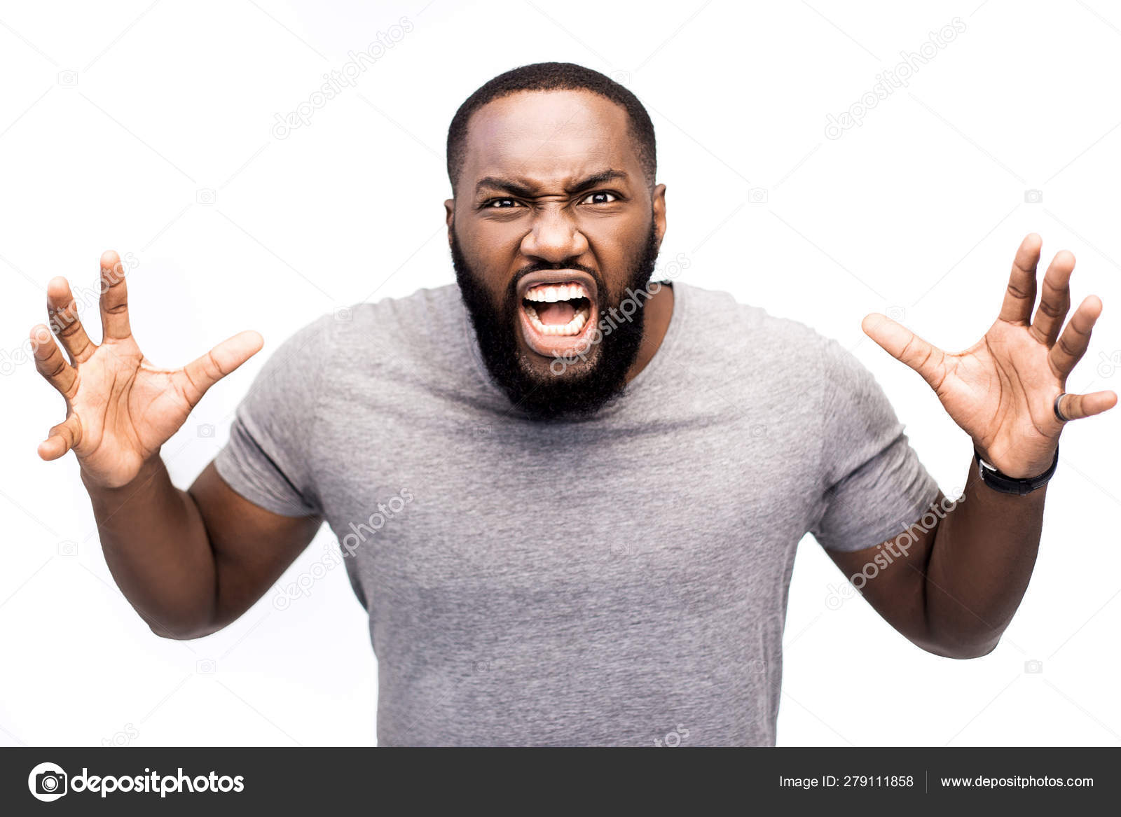 Angry Black Man Screaming Gesturing Isolated White Stock Photo by ...