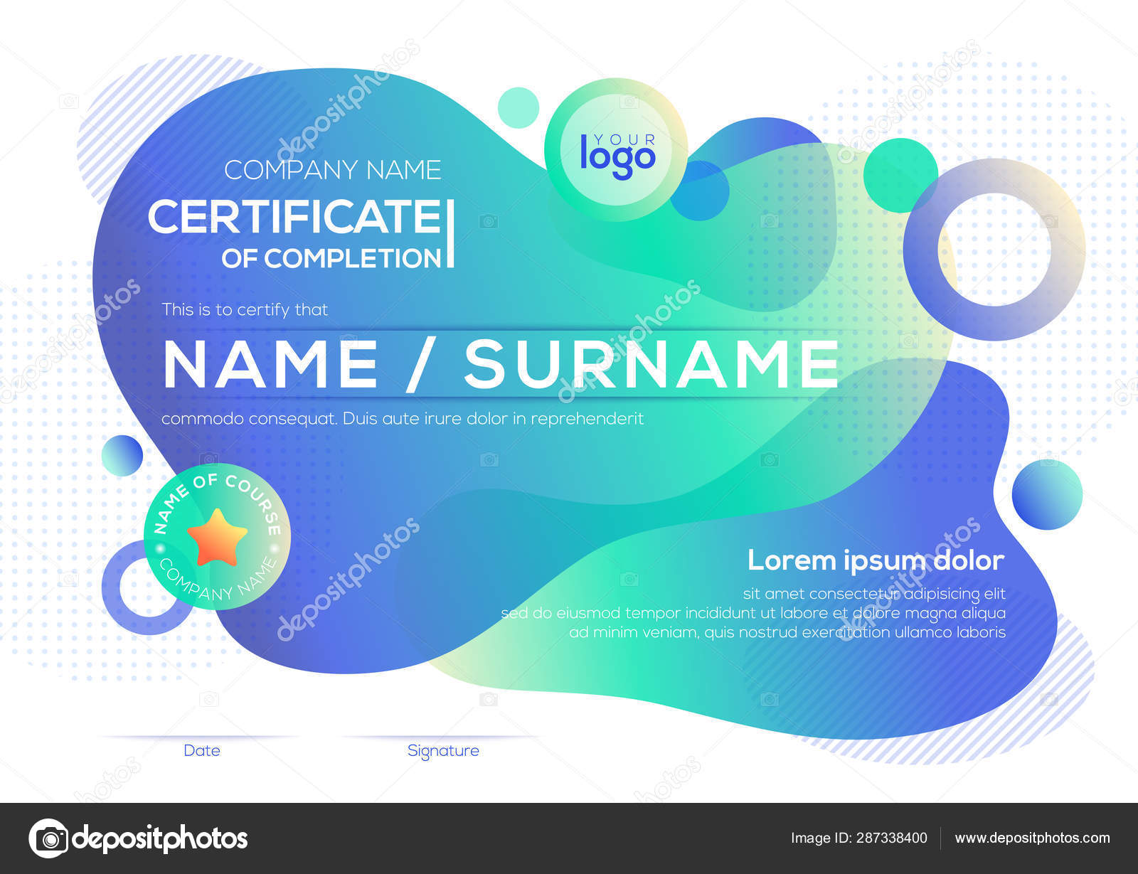 Modern certificate of completion template with vibrant bold color fluid ...
